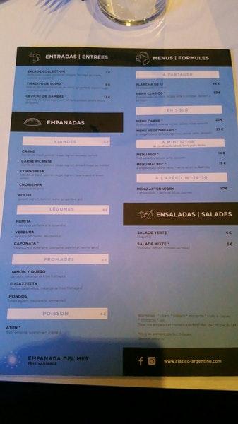 Menu at Clasico Argentino restaurant, Paris, 46 Rue Madame