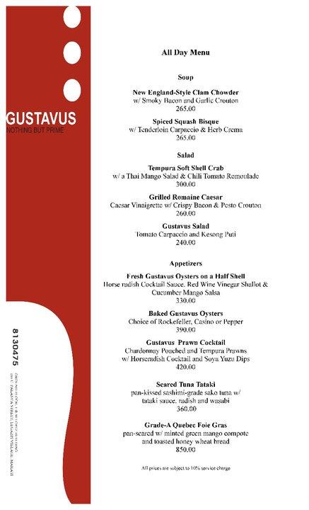 Menu at Gustavus Steak Lounge restaurant, Makati