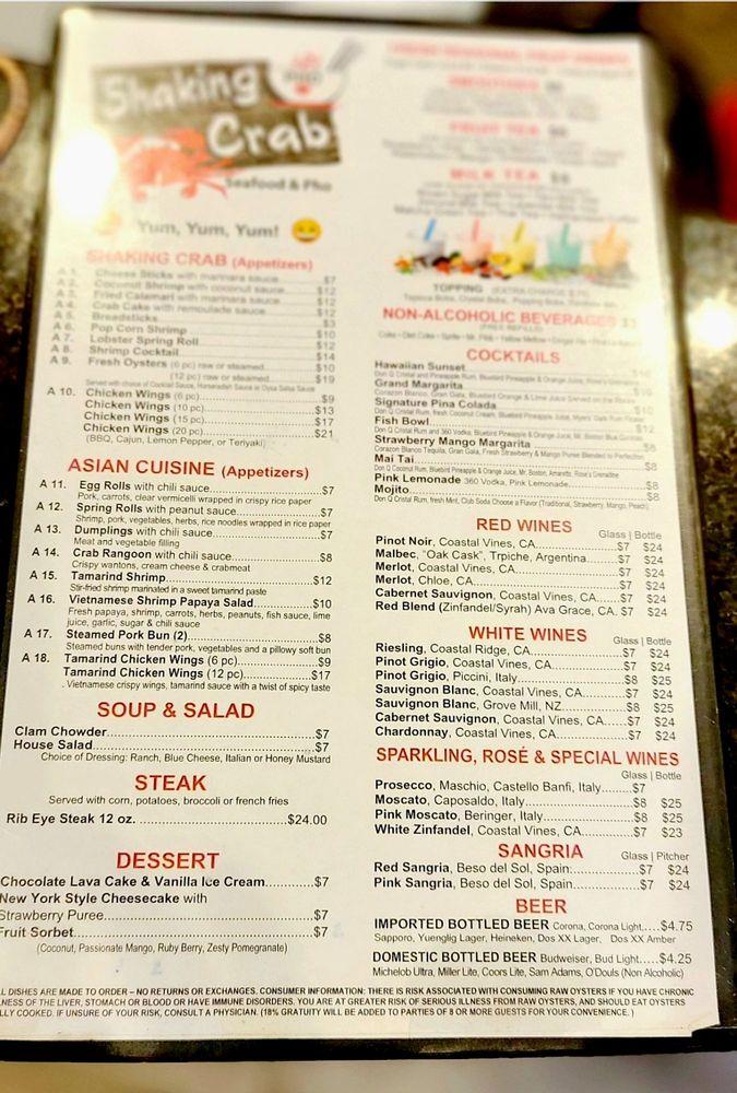 Menu at Shaking Crab pub & bar, Bonita Springs