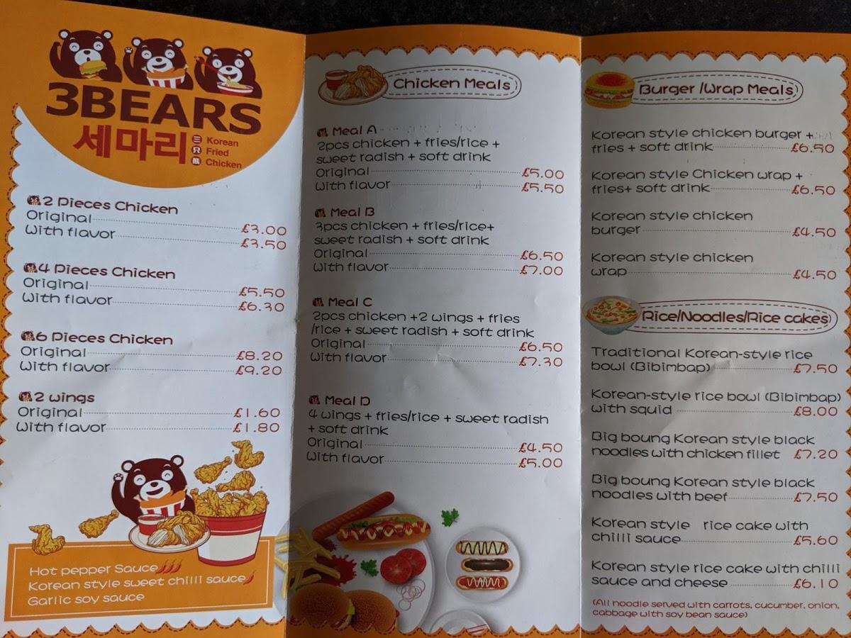 Carta del restaurante 3 Bears Korean Fried Chicken, Manchester