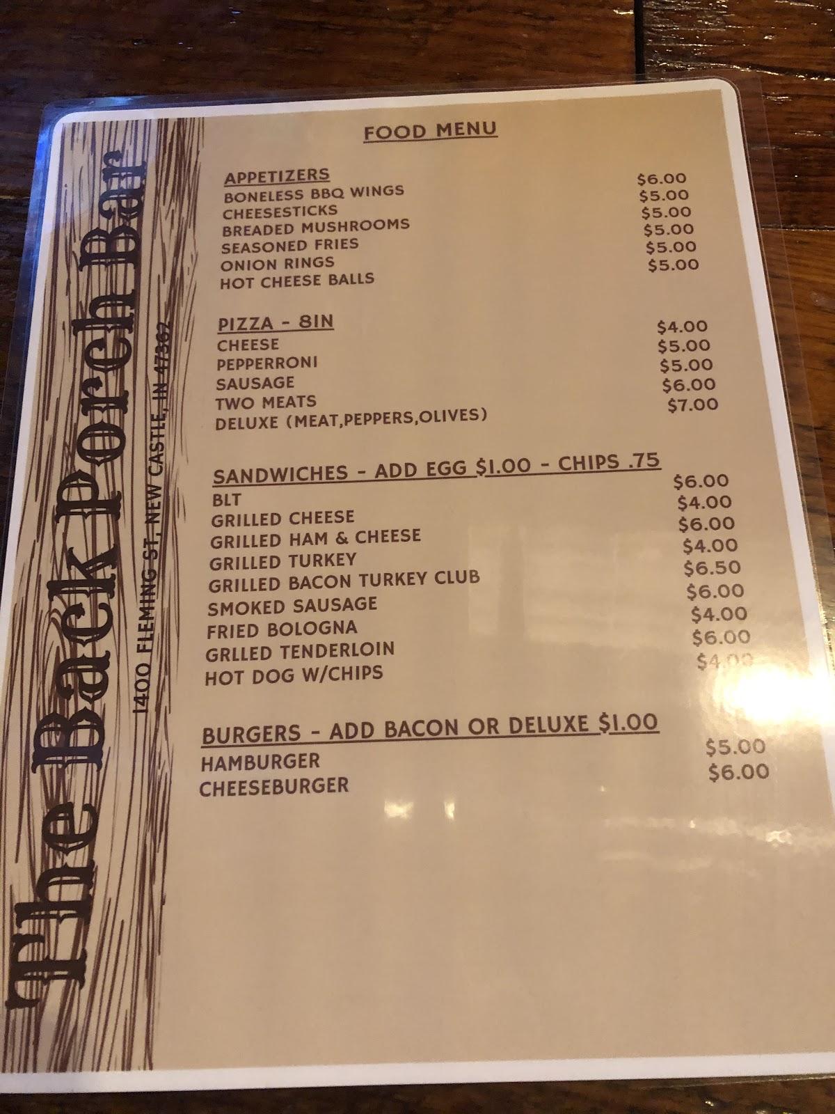 Menu at Back Porch Bar, New Castle