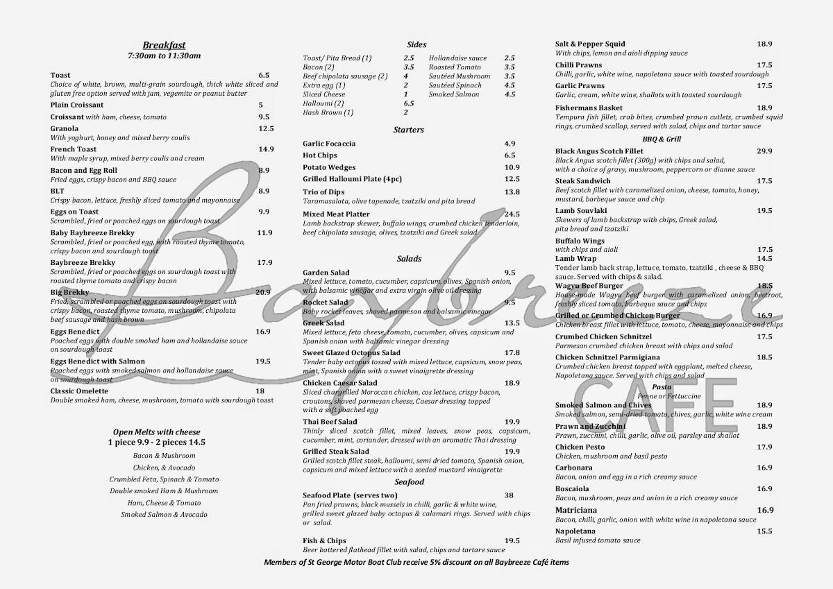 Menu at Baybreeze Cafe, Sans Souci