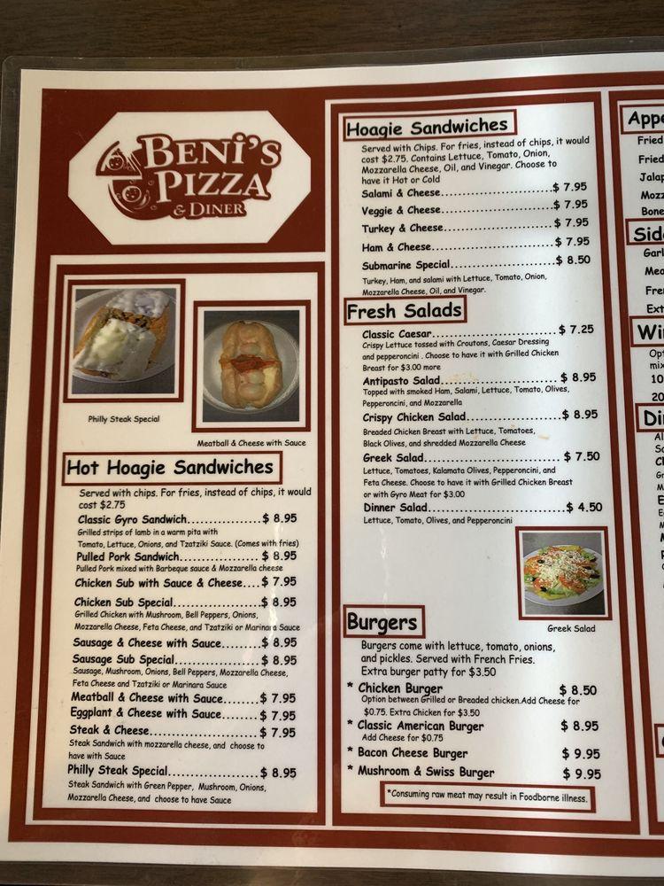 Menu at Beni's Pizza pizzeria, Black Canyon City, Old Black Canyon Hwy