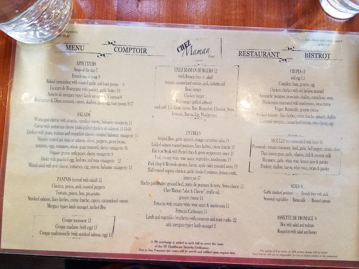 Menu at Chez Maman East restaurant, San Francisco, 18th St