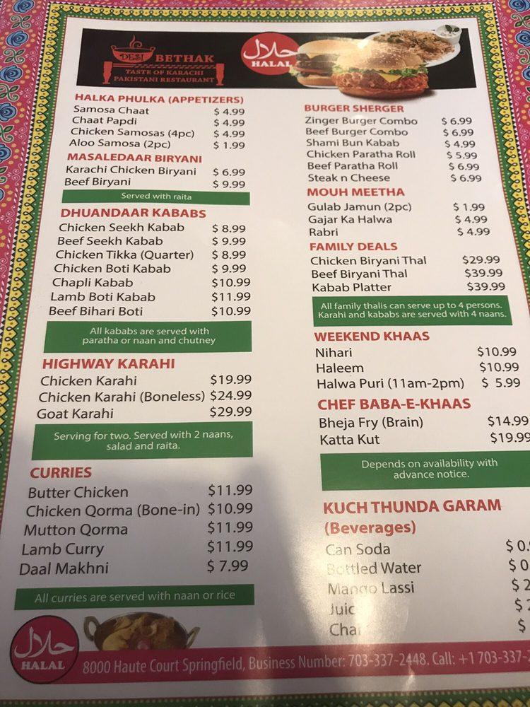 Menu at Desi Bethak desserts, Springfield