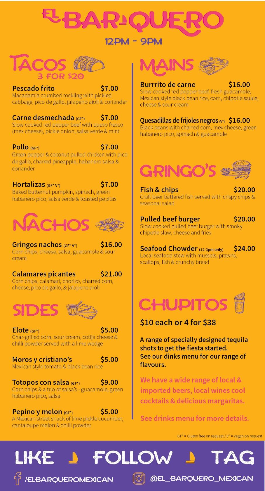 Menu at El Barquero, Queenscliff