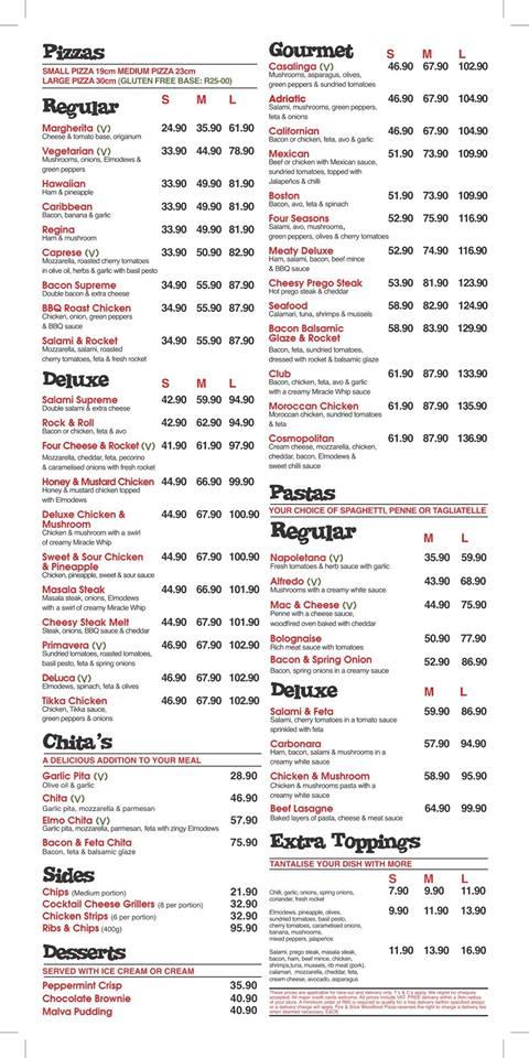 Menu au Fire & Slice pizzeria, Le Cap, Shop 2 Tyger Manor Shopping Center