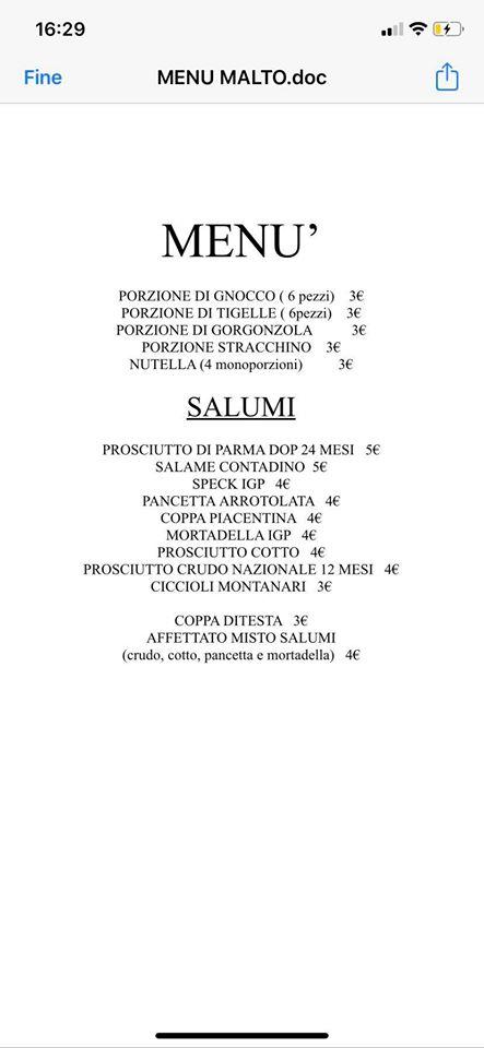 Menu da Ristorante Gnocco e Tigelle Malto, Carpi
