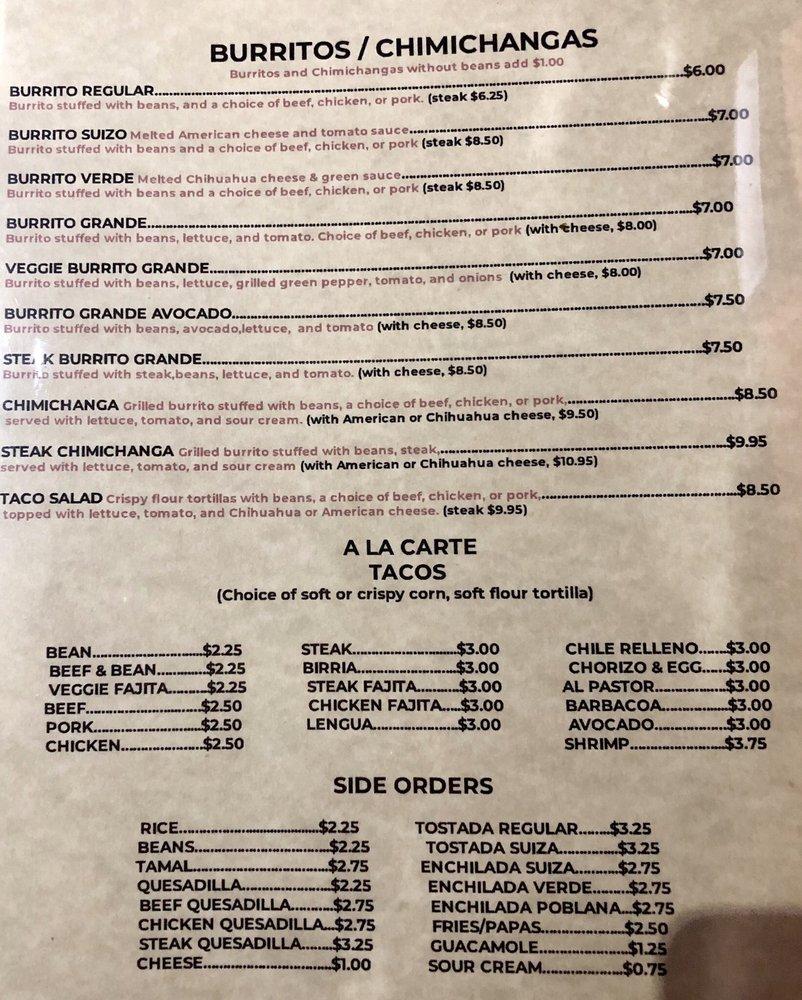 Menu at Mexico Uno restaurant, Palatine