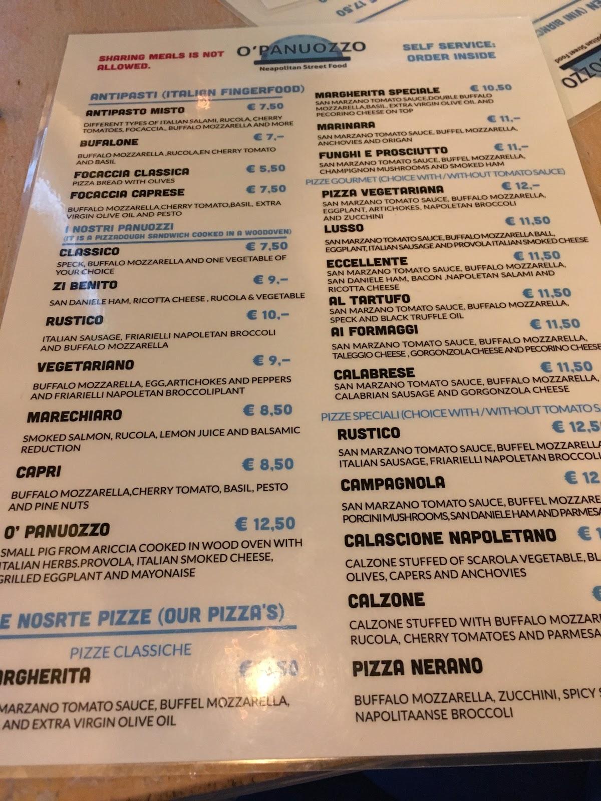 Speisekarte von O'Panuozzo Neapolitan Pizzeria, Utrecht