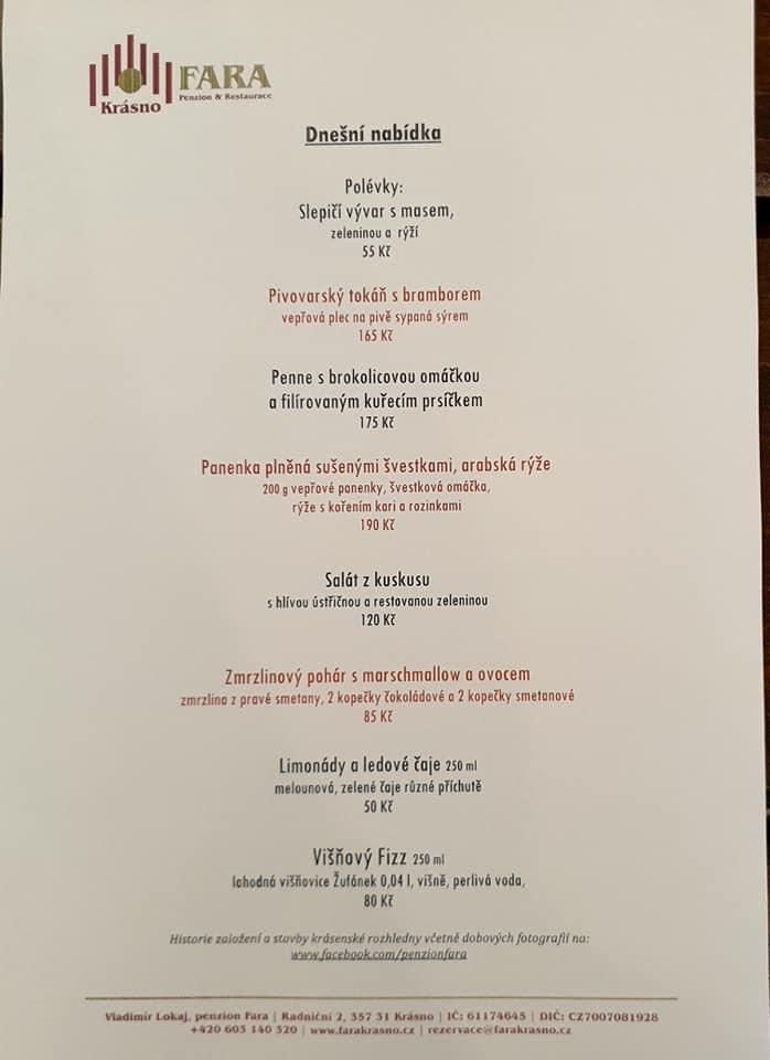 Menu at Penzion a restaurace Fara pub & bar, Krásno