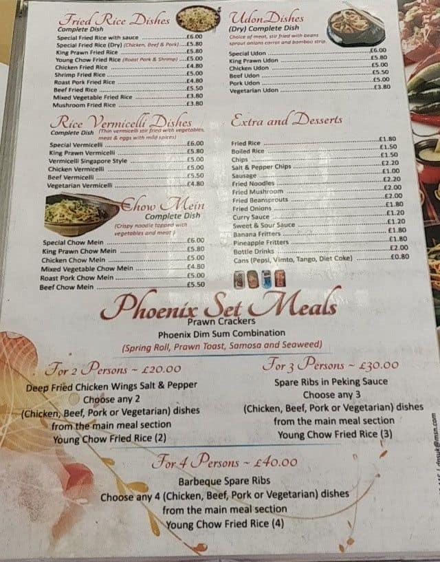 Carta de comida rápida Phoenix Chinese Takeaway, Whaley Bridge