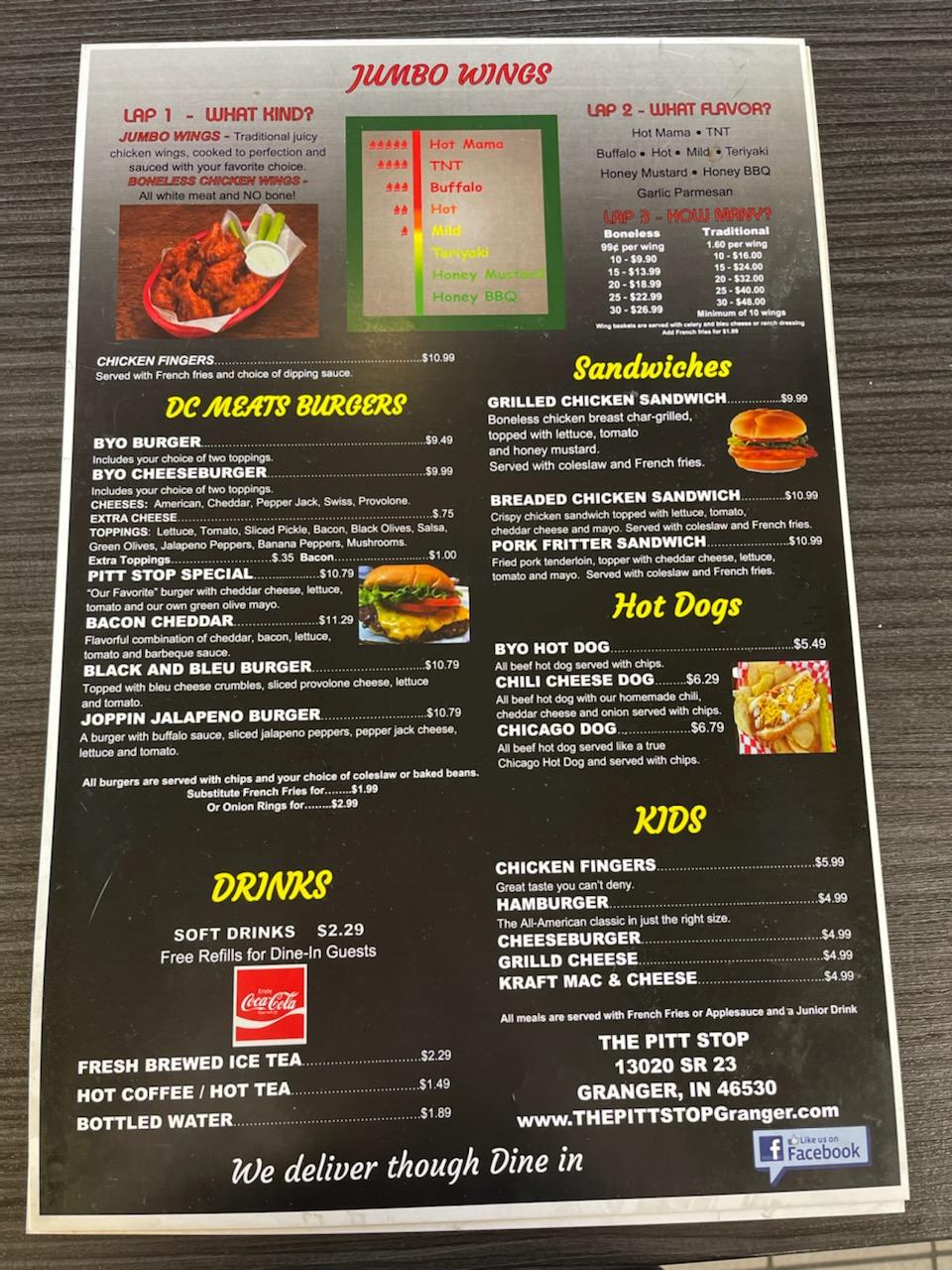 Menu at Pitt Stop Sports Bar & Grill, Granger