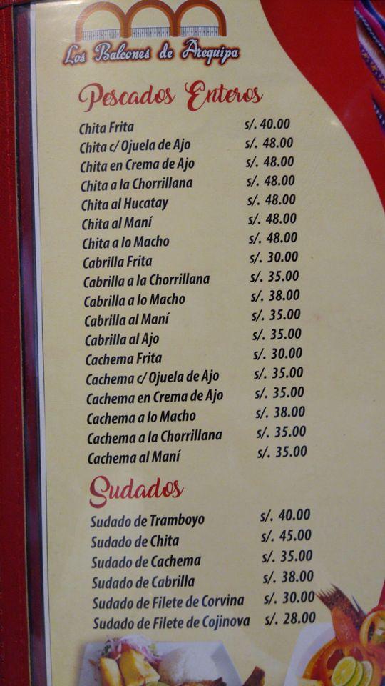 Menu at Restaurant "Los Balcones de Arequipa", San Luis District