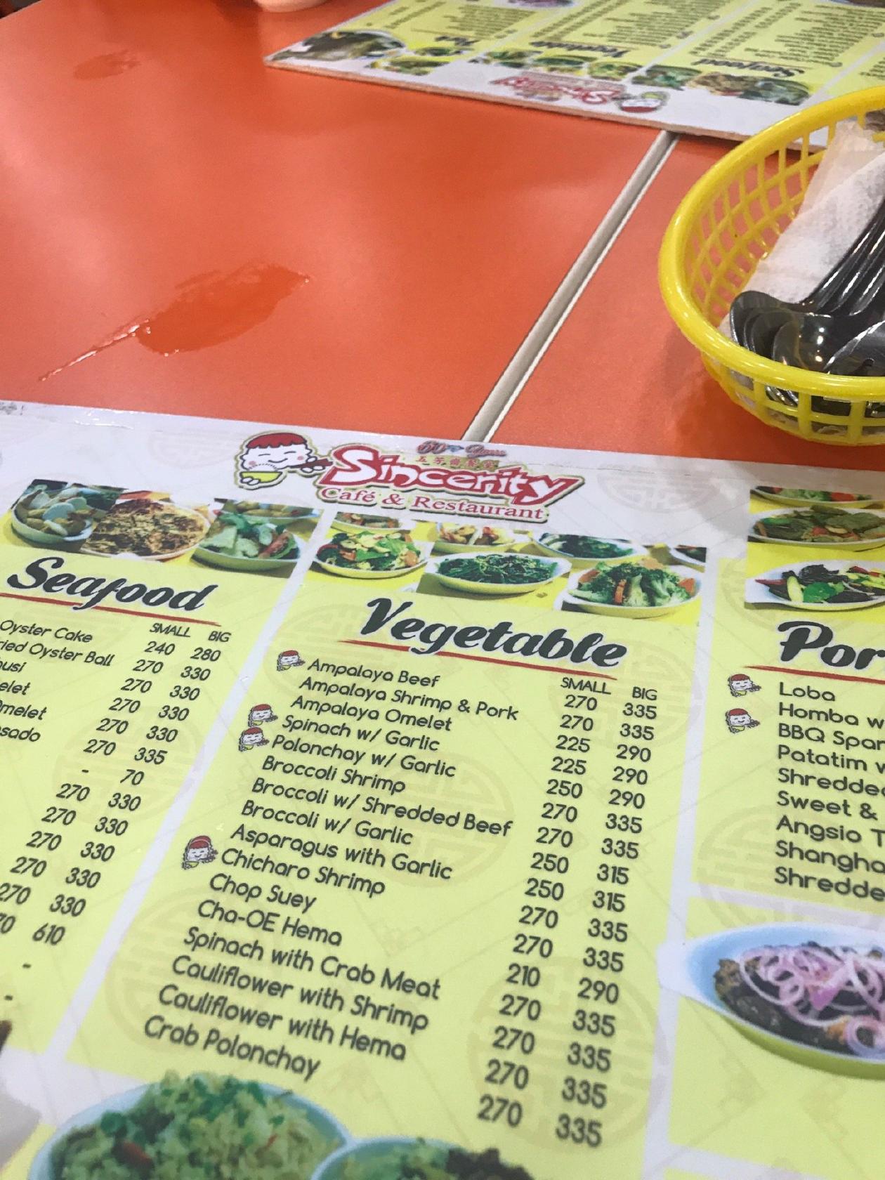 Menu at Sincerity Restaurant, Quezon City, Ortigas Ave