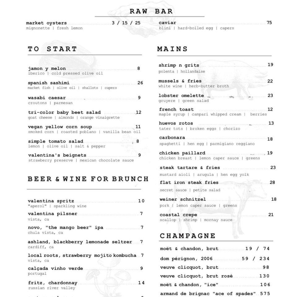Menu at Valentina Restaurant, Encinitas