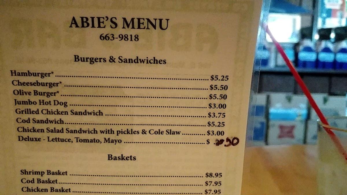 Menu at Abie's Bar, Eaton Rapids