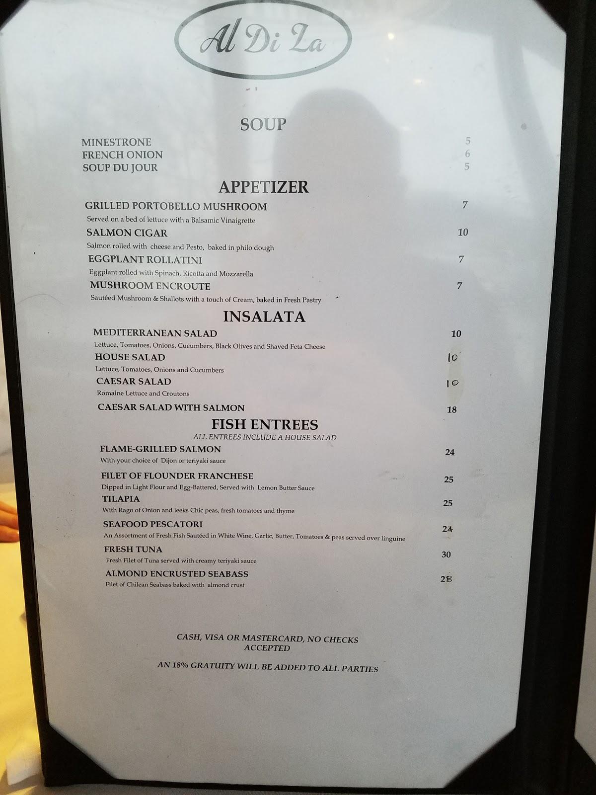 Menu at Al Di La Pizzeria & Bistro, Monsey