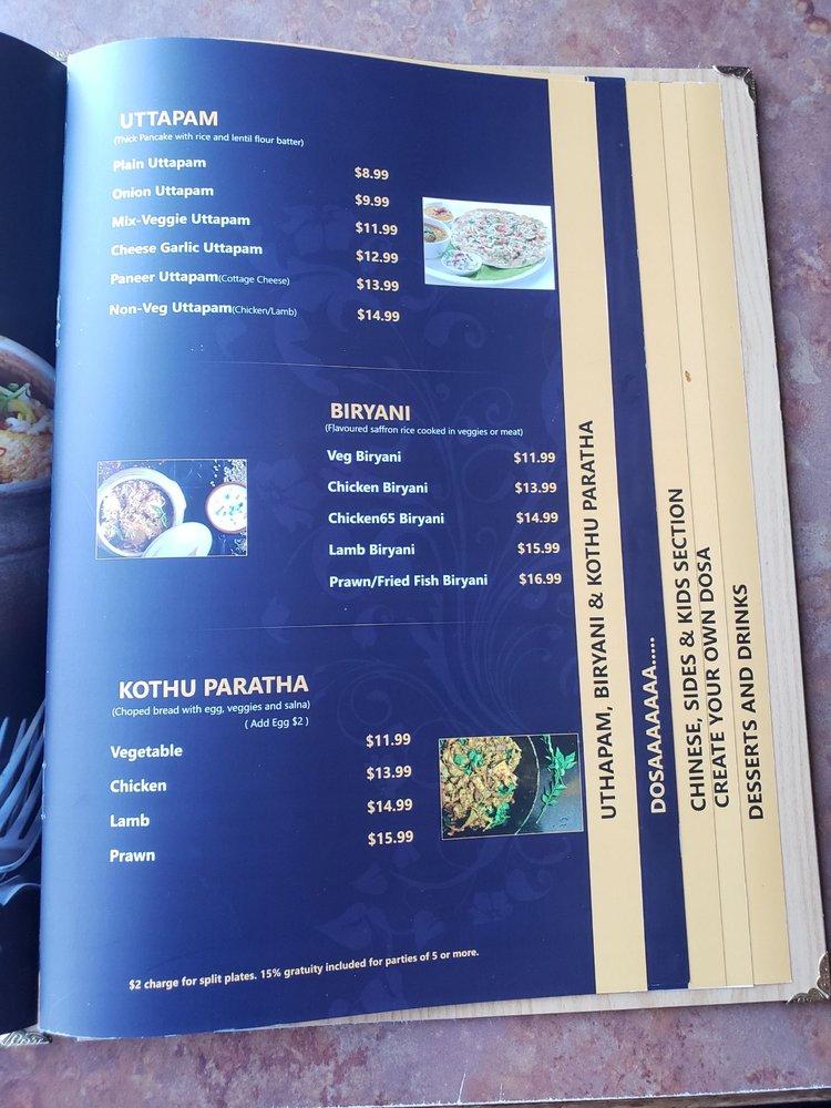 Menu at Dosa Hut restaurant, Vancouver, Fraser St
