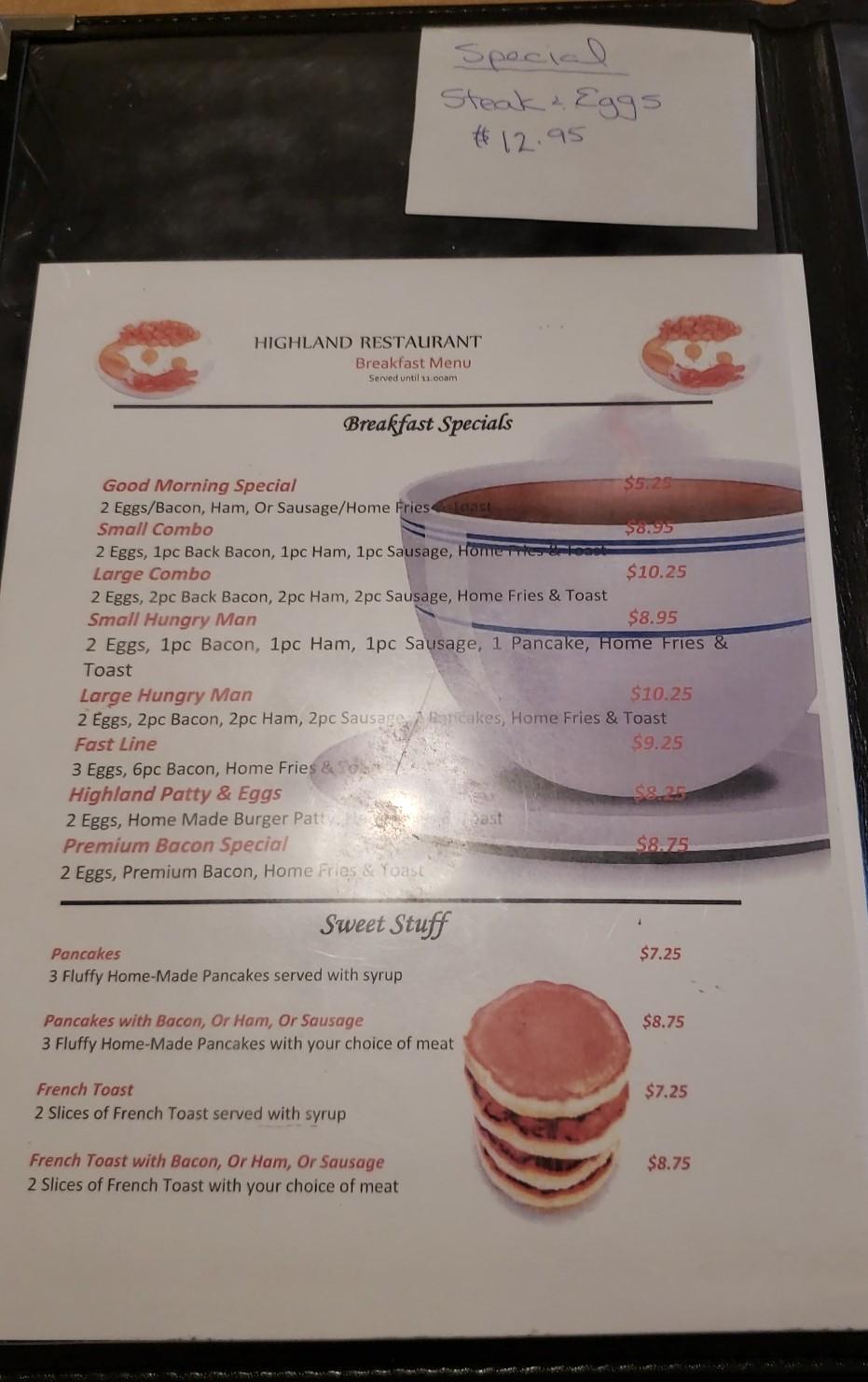Menu at Highland Family Restaurant, Embro