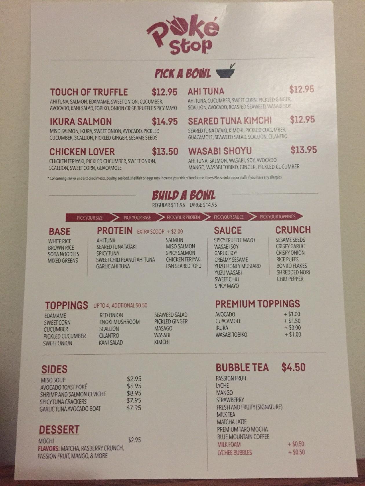 Menu at Poke Stop restaurant, New York City