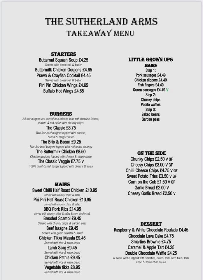Menu at Sutherland Arms pub & bar, England, Tibberton