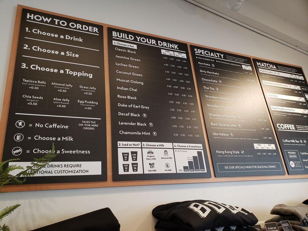 Menu at Boba Guys restaurant, Palo Alto
