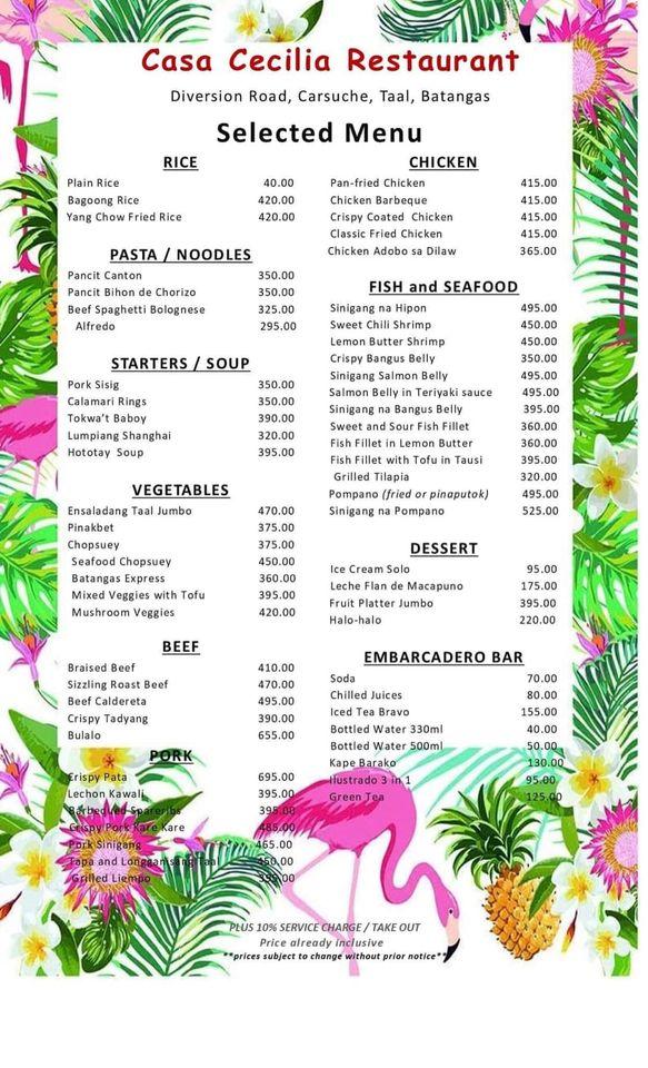Menu at Casa Cecilia Heritage Hotel Taal restaurant, Taal