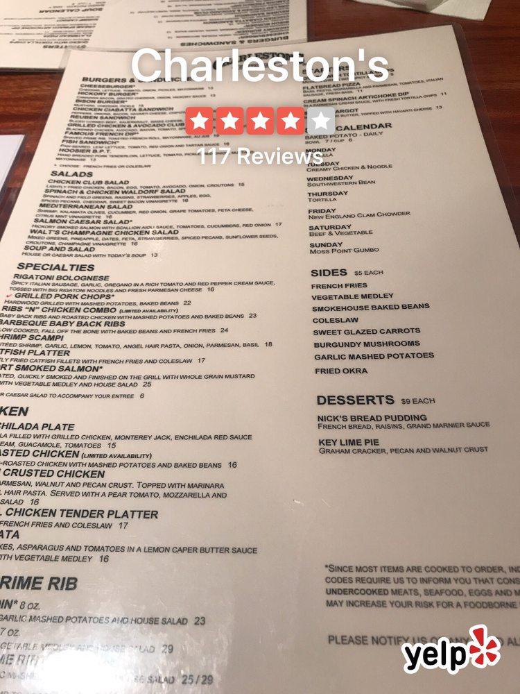 Menu at Charleston's Restaurant, Carmel, Greyhound Plaza