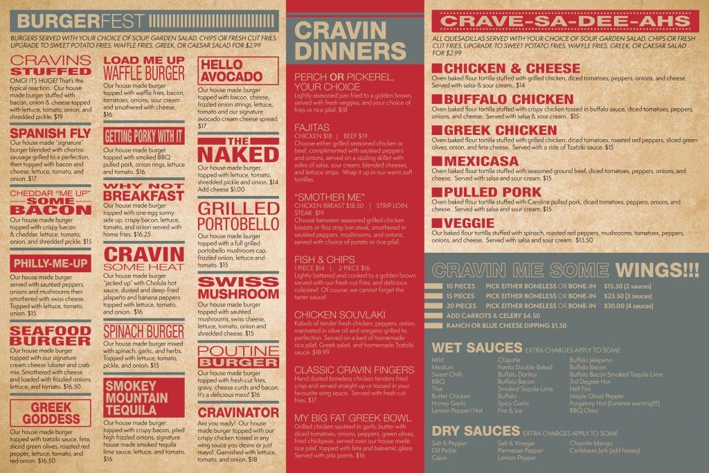 Menu at Cravin's Chill & Grill pub & bar, Sarnia
