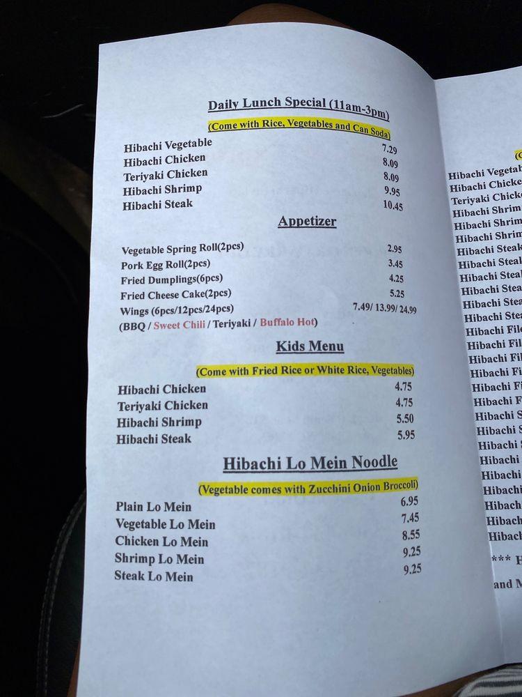 Menu at Hibachi Jr. Express restaurant, Archdale
