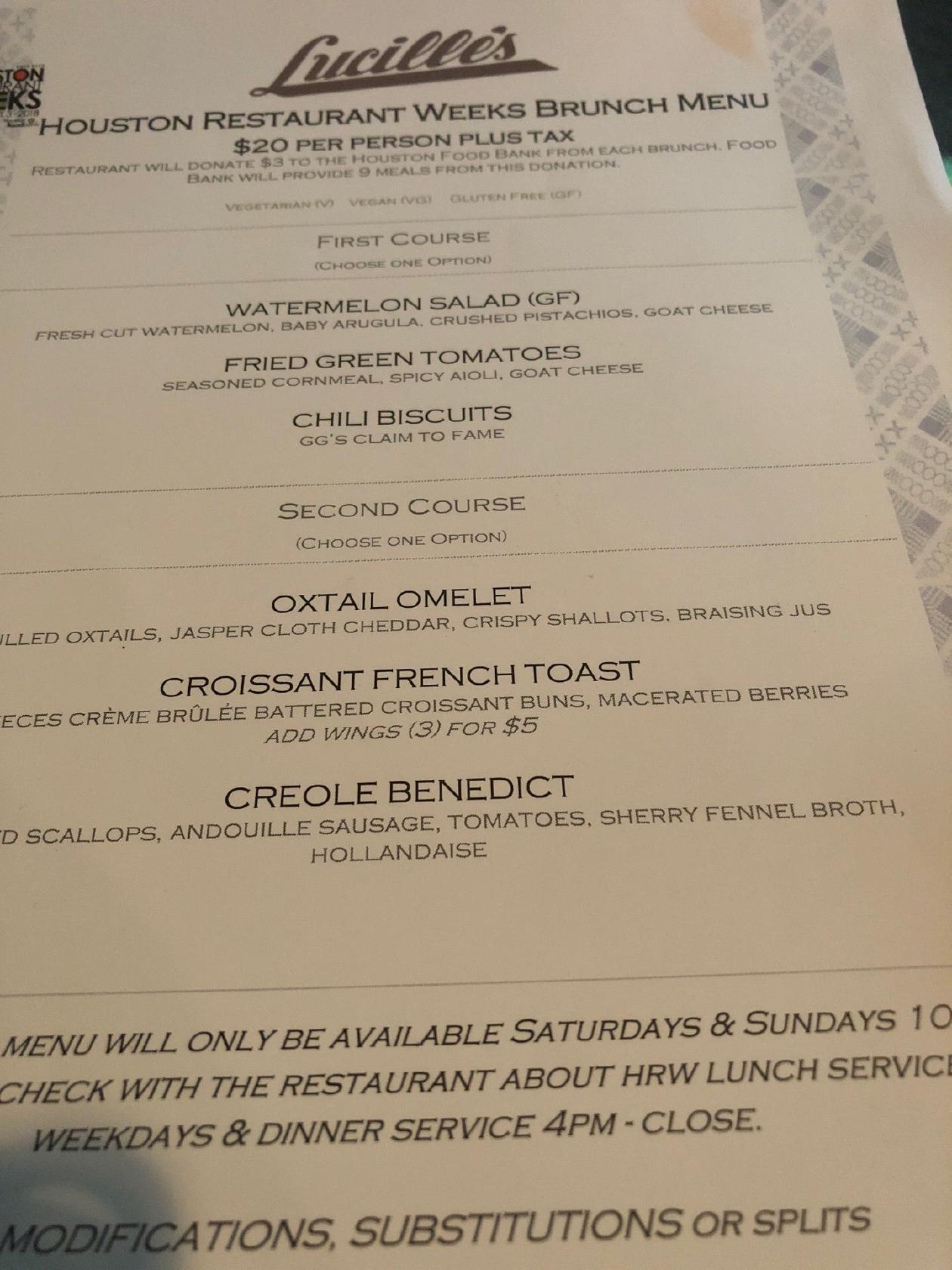 Menu at Lucille's restaurant, Houston