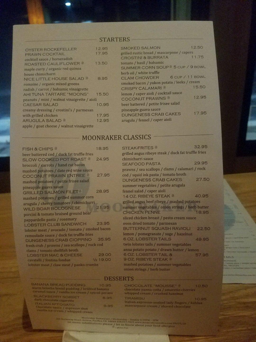 Menu at Moonraker restaurant, Pacifica