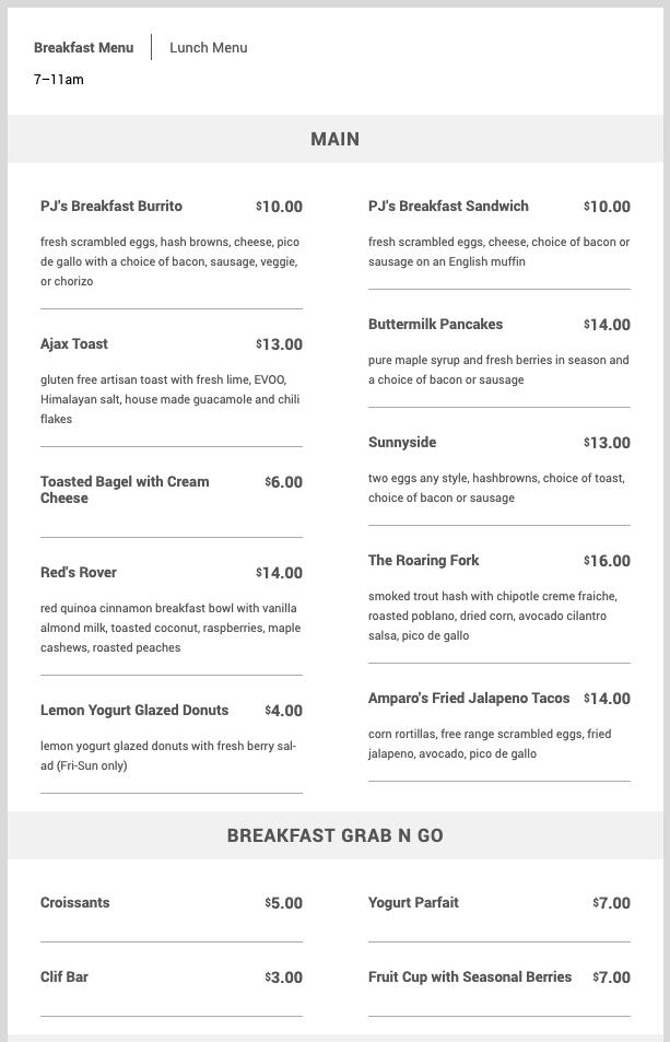 Menu at Pepperjack's Cafe, Aspen
