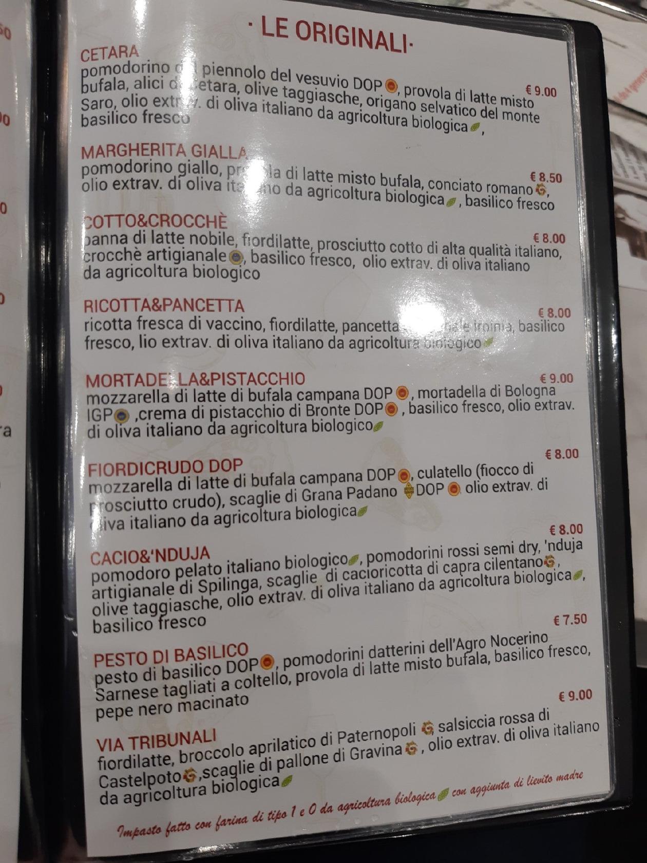 Menu at Pizzeria Sorbillo, Salerno, Corso Giuseppe Garibaldi