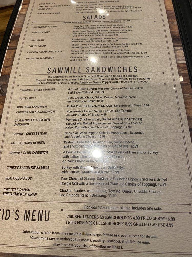 Menu at Sawmill Restaurant, Wilmington