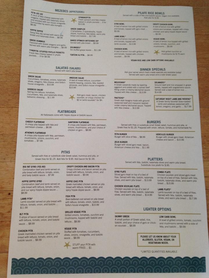 Menu at Sofia's Greek Bistro restaurant, Garden City