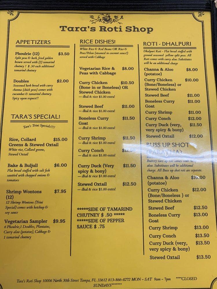 Menu at Tara's Roti Shop restaurant, Tampa
