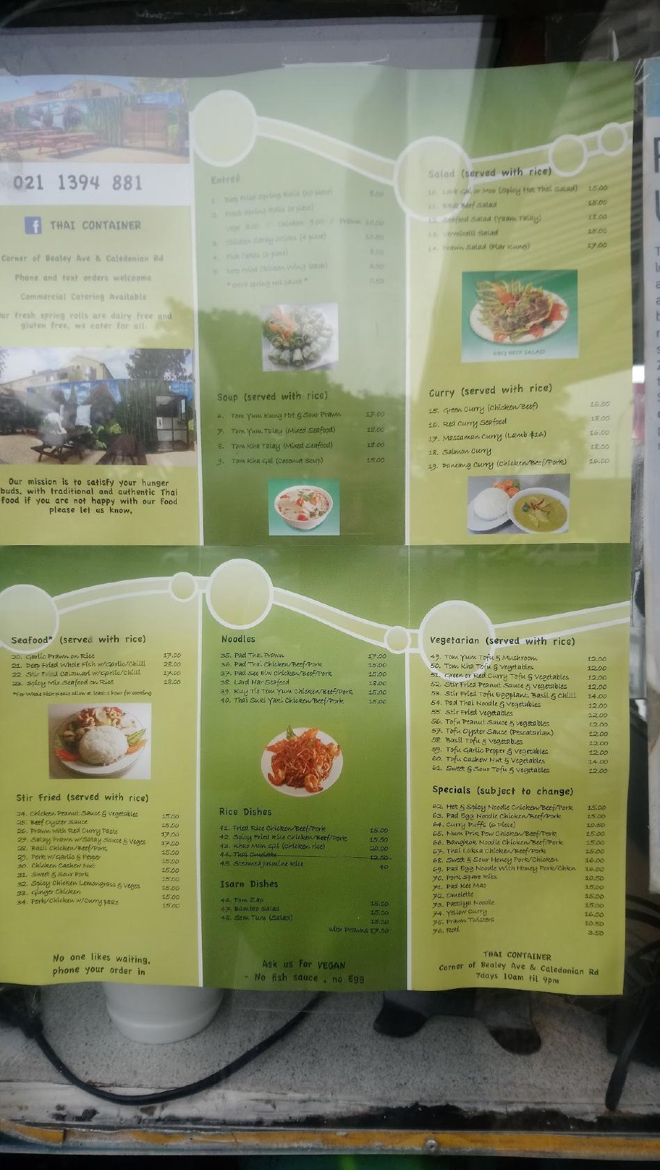 Menu at Thai Container restaurant, Christchurch, 151 Bealey Ave