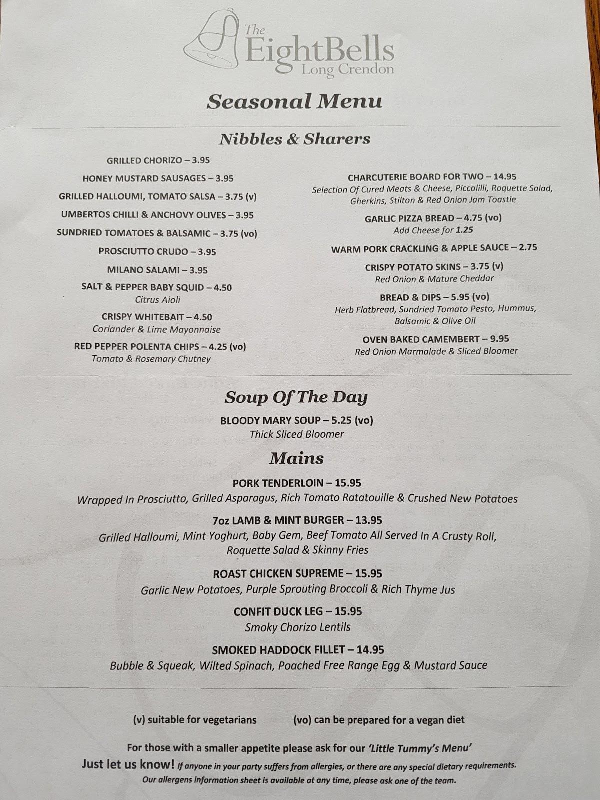 Menu at The Eight Bells restaurant, Waddesdon