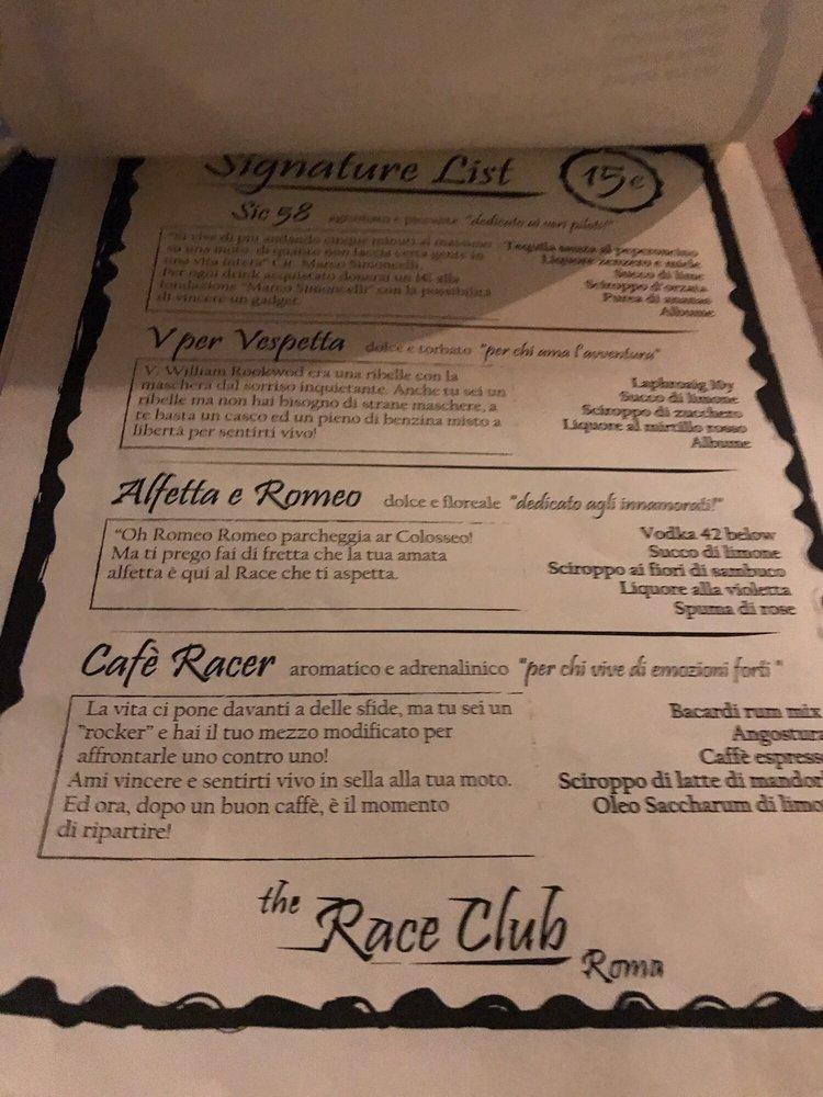 Menu at The Race Club, Rome