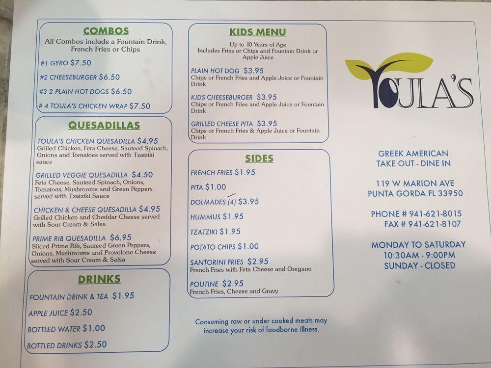 Menu at Toula's restaurant, Punta Gorda