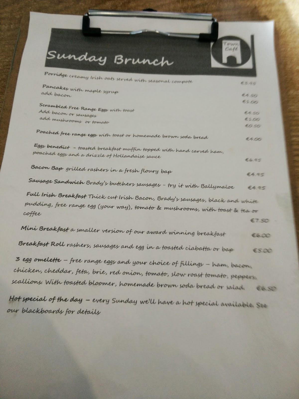 Menu at Town Cafe, Athenry