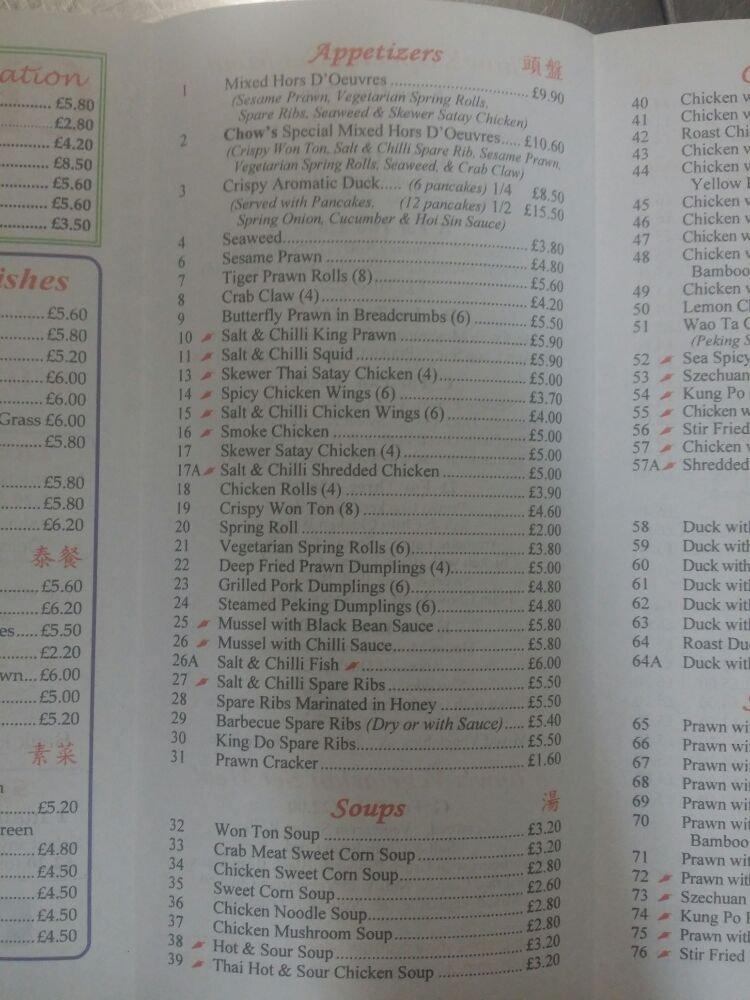 Menu at Chow's, Sutton