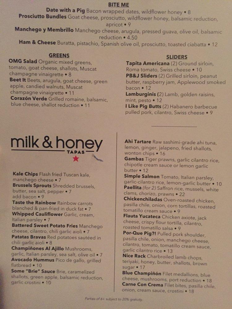 Menu at milk & honey pub & bar, Santa Barbara