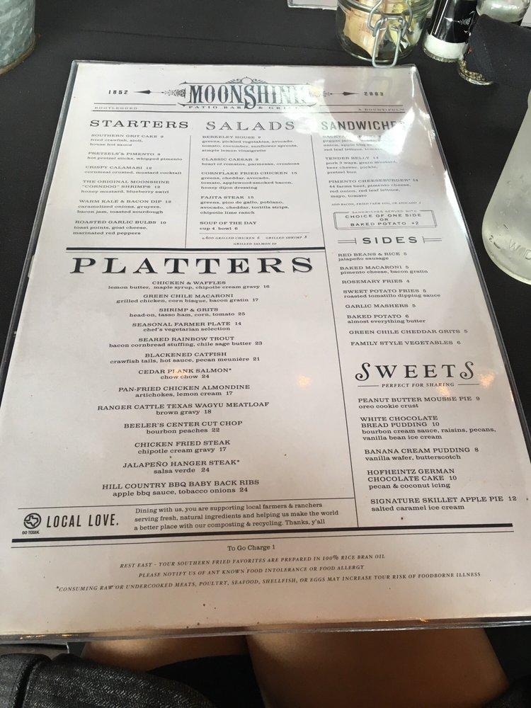 Menu at Moonshine Grill pub & bar, Austin, 303 Red River St