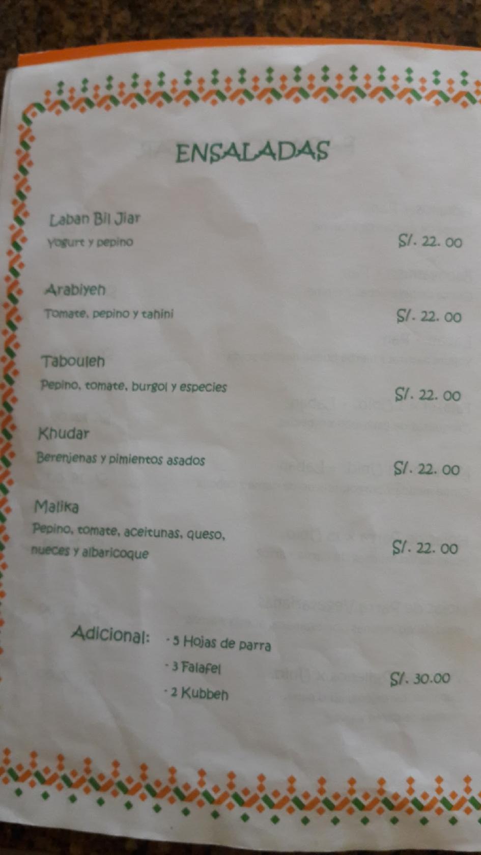 Carta del restaurante Azahar Cocina Arabe, Miraflores