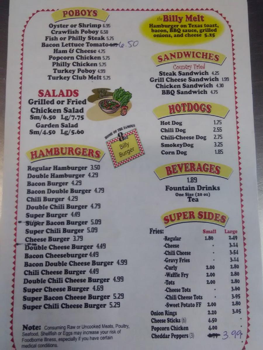 Menu at Billy's Burgers restaurant, Puckett