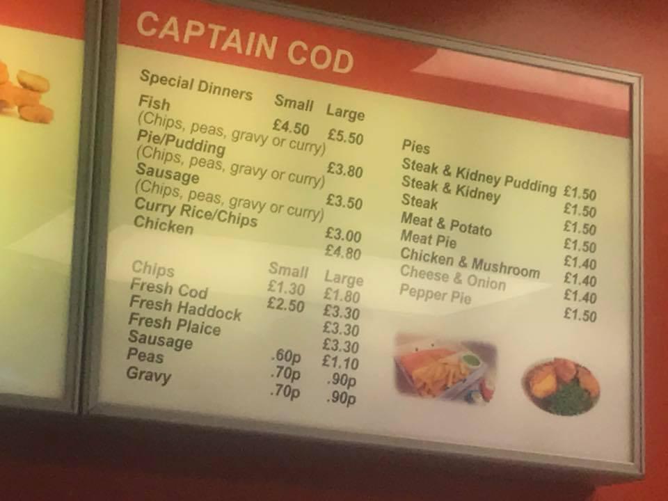 Menu at Captain Cod restaurant, Manchester, 287 Stretford Rd
