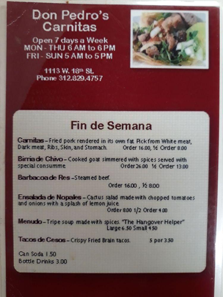 Menu at Carnitas Don Pedro restaurant, Chicago
